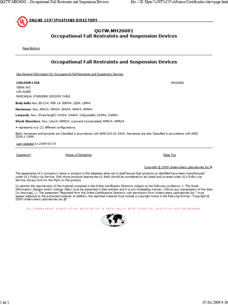 Cert. Chilesin Ul Ansi a10.32 Ansi z359 | PDF | Data Management