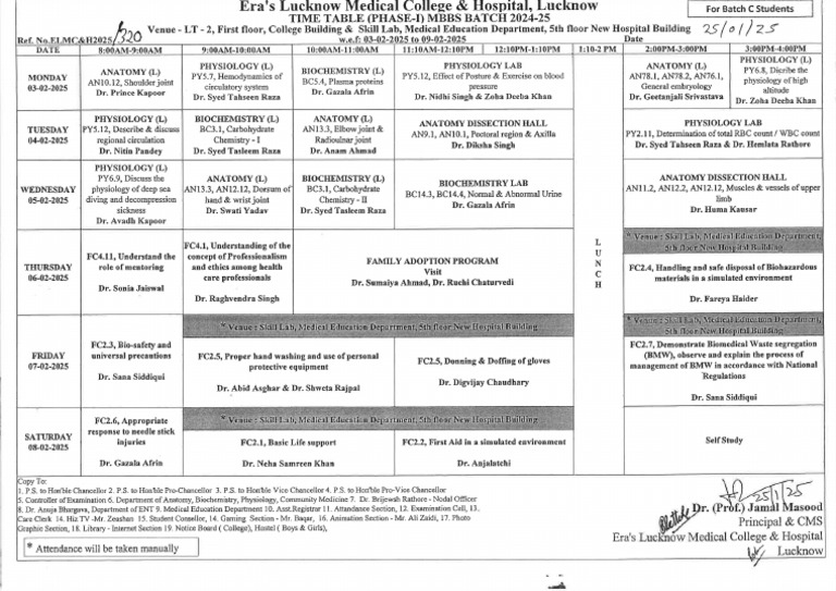 Time Table MBBS Batch 2024-25 (25.1.2025) | PDF