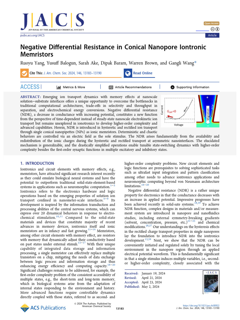 Negative Differential Resistance in Iontronic Memristors | PDF ...