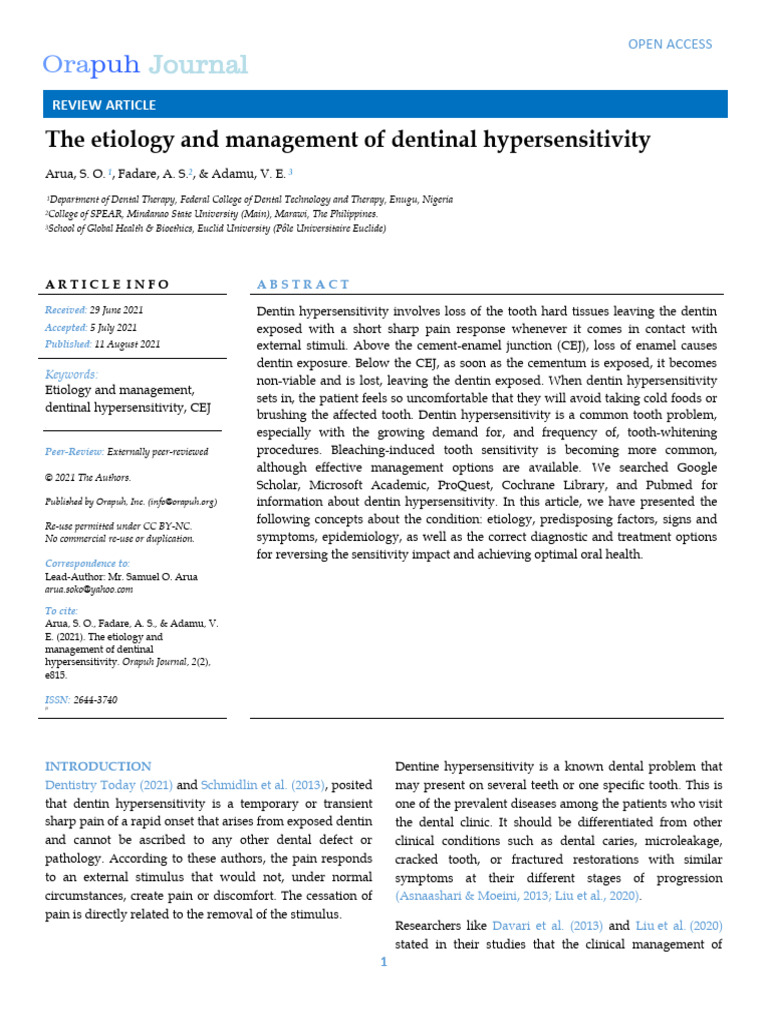 Dental Hypersensitivity Concept and Management | PDF | Human Tooth | Tooth Enamel