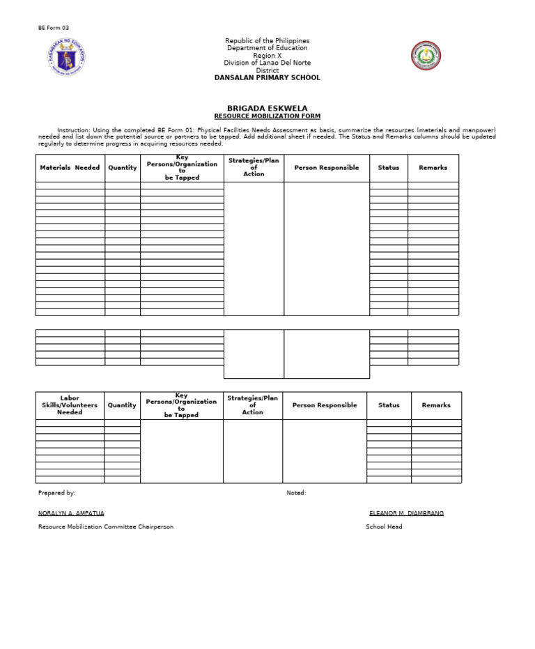 Brigada Eskwela Resource Mobilization Form | PDF