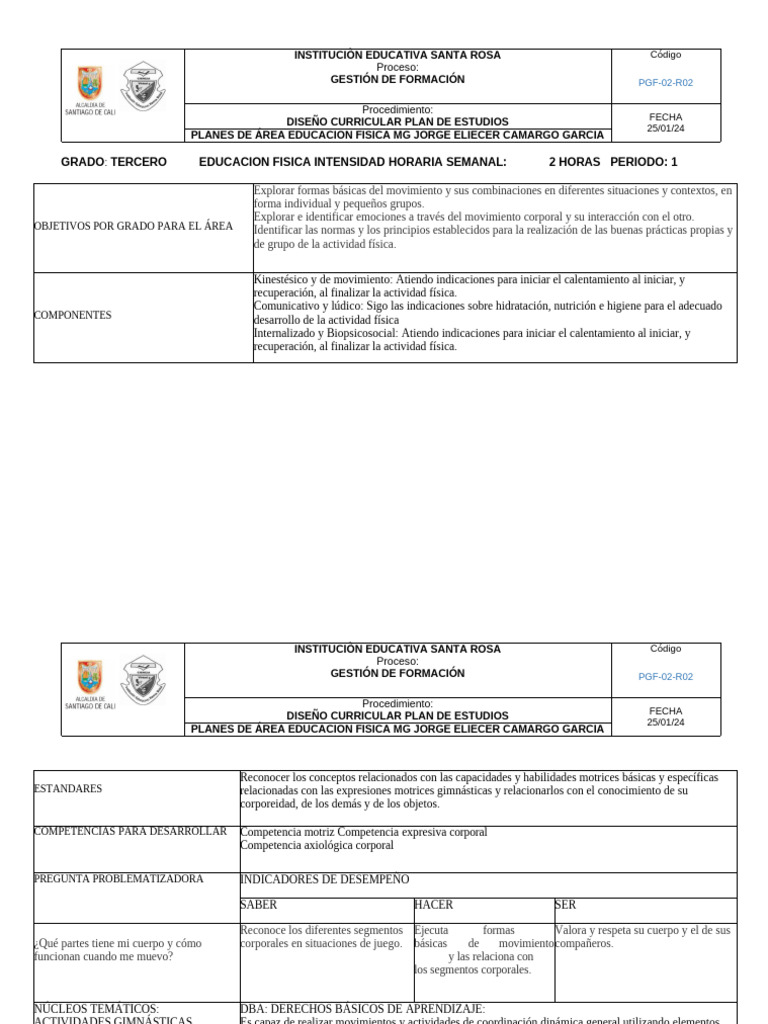 Plan de Area Educacion Fisica Grado 3o 2025 Jorge Camargo | PDF | Plan de estudios | Las emociones