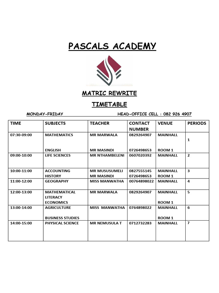 Matric Rewrite Timetable 2025 | PDF