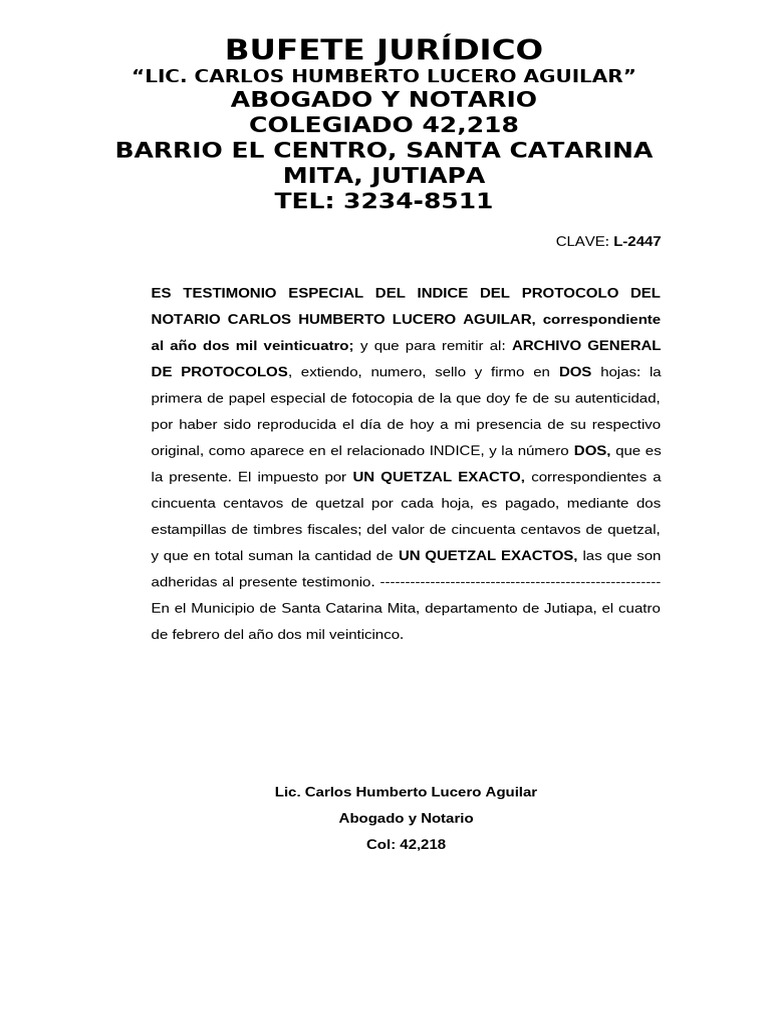 Testimonio Notarial 2024 Jutiapa | PDF