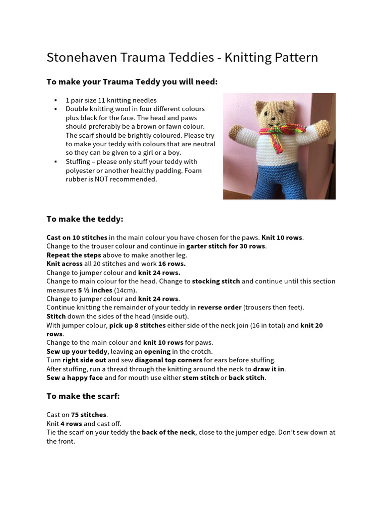 Stonehaven Trauma Teddies Knitting Pattern | PDF | Knitting | Surgical ...