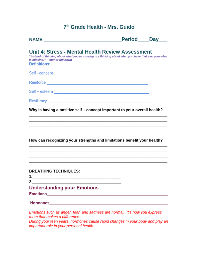 7th Grade Stress & Mental Health | PDF | Stress (Biology) | Subjective ...