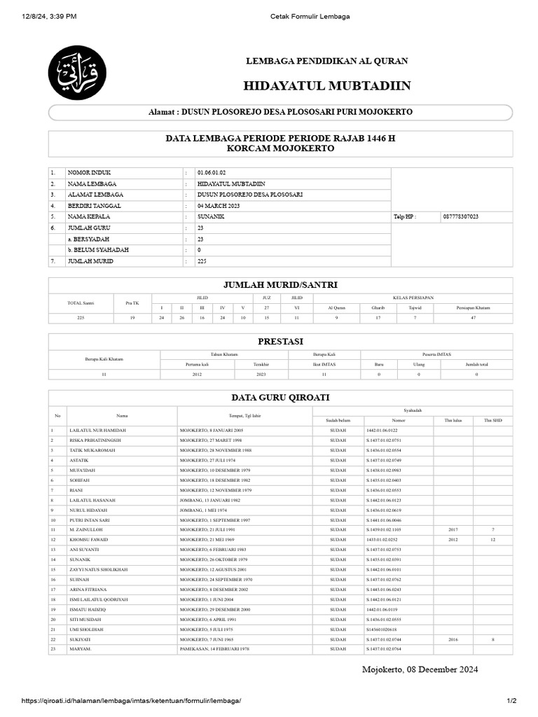 Cetak Formulir Lembaga HidMub | PDF