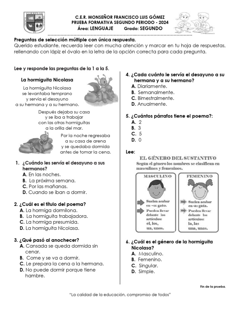 Prueba Formativa Lenguaje - P2 - Grado3º | PDF