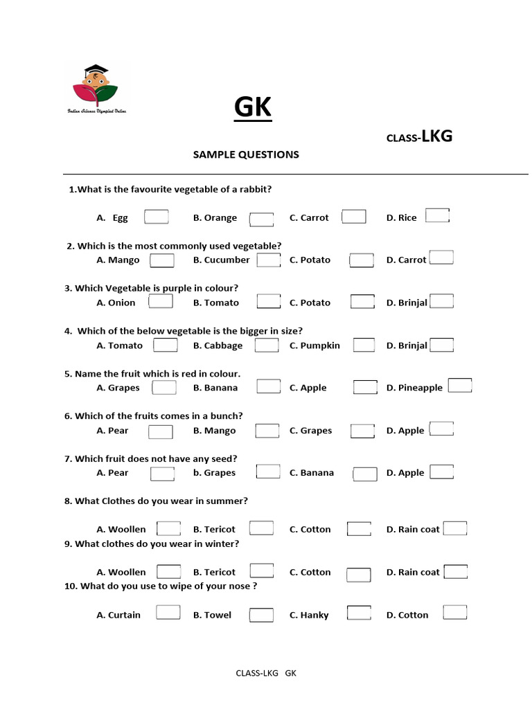LKG GK Sample Questions Quiz | PDF