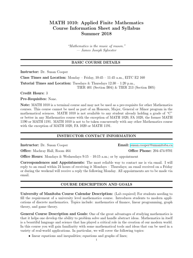 Math 1010 Syllabus Summer18 | PDF | Matrix (Mathematics) | Academic Dishonesty