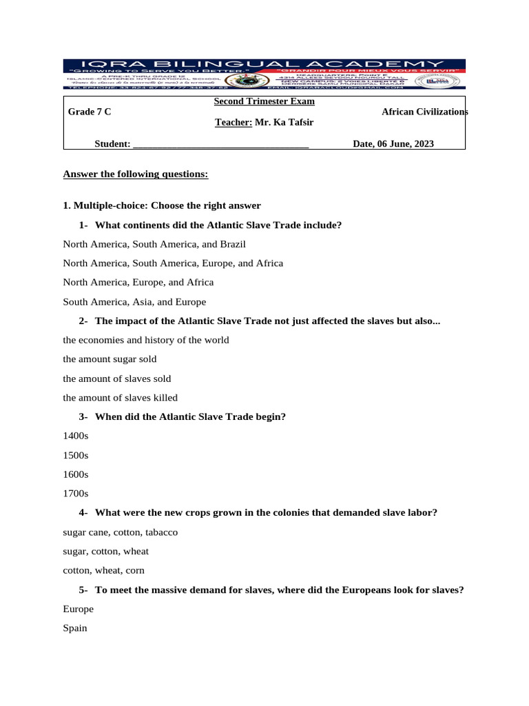 3RD Trimester Afric CIV EXAM 7C | PDF | Slavery | Atlantic Slave Trade