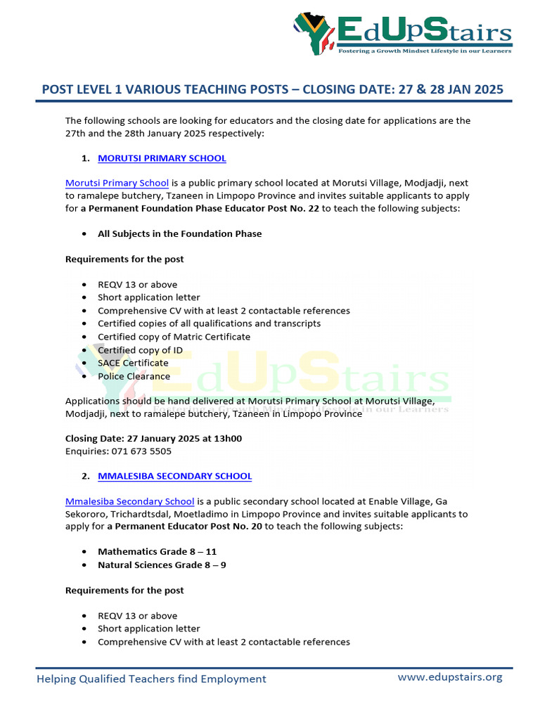 Various Teaching Posts 27 28 January 2025 | PDF | Teachers | State School