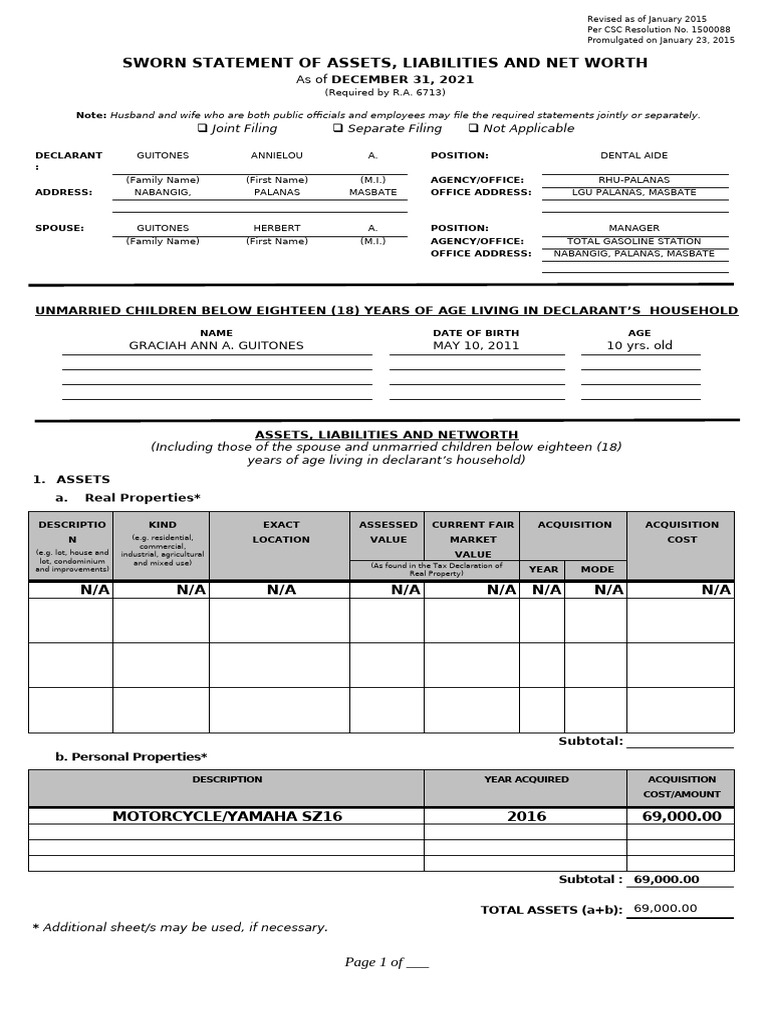 2015 Saln Form | PDF | Net Worth