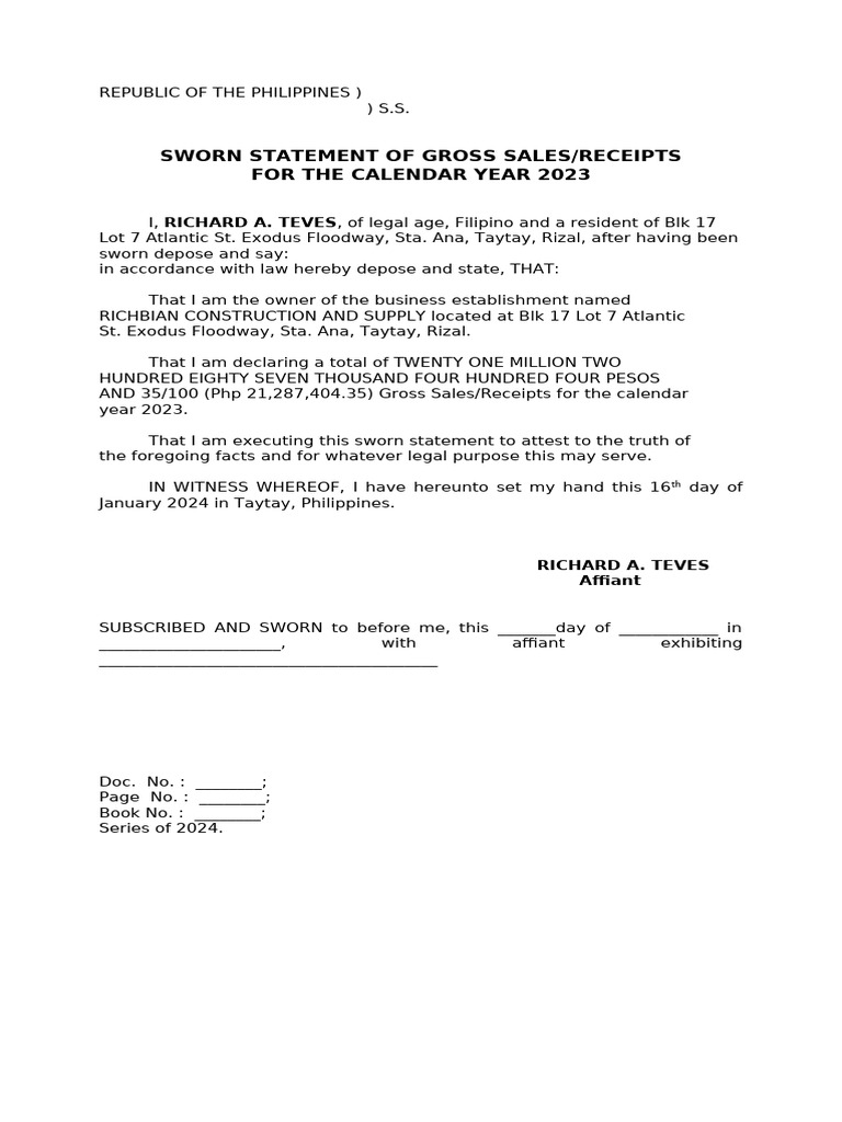 Sworn Statement Gross Sales | PDF