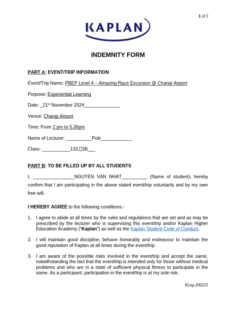Event Trip Indemnity Form | PDF | Indemnity | Justice