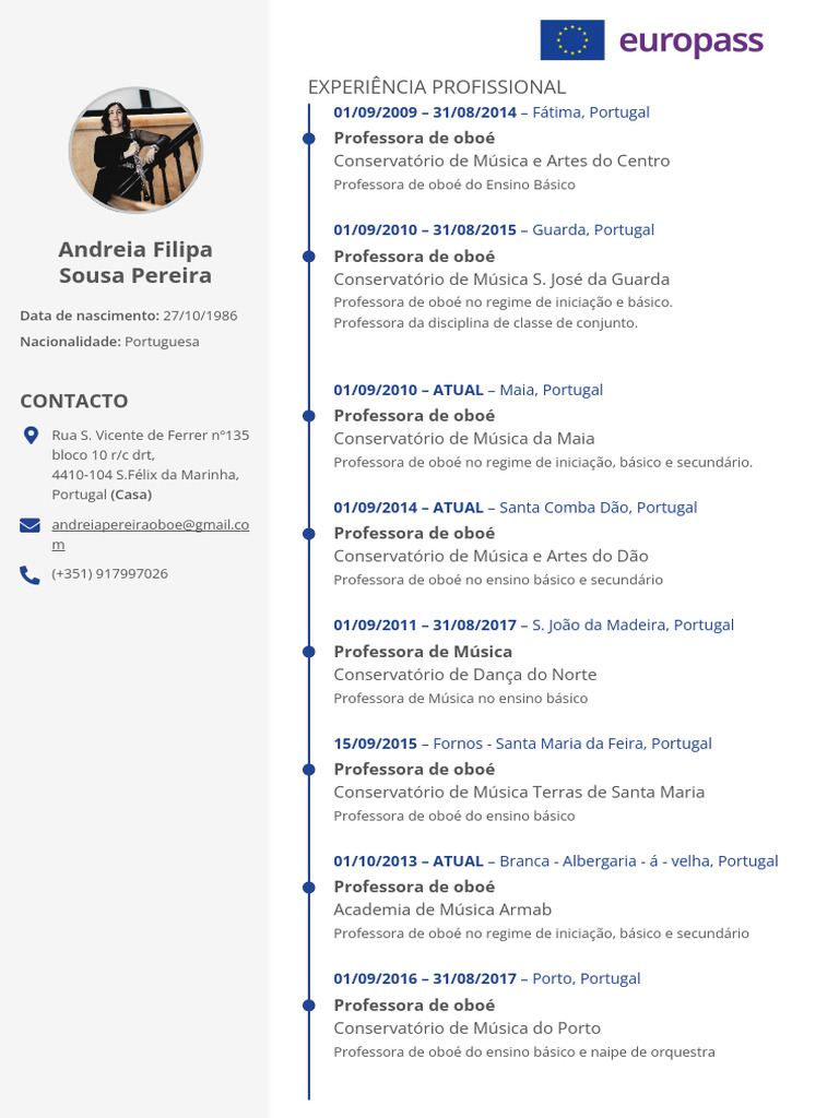 Curriculum Europass - Andreia Pereira - atualizado | PDF | Portugal | Orquestras