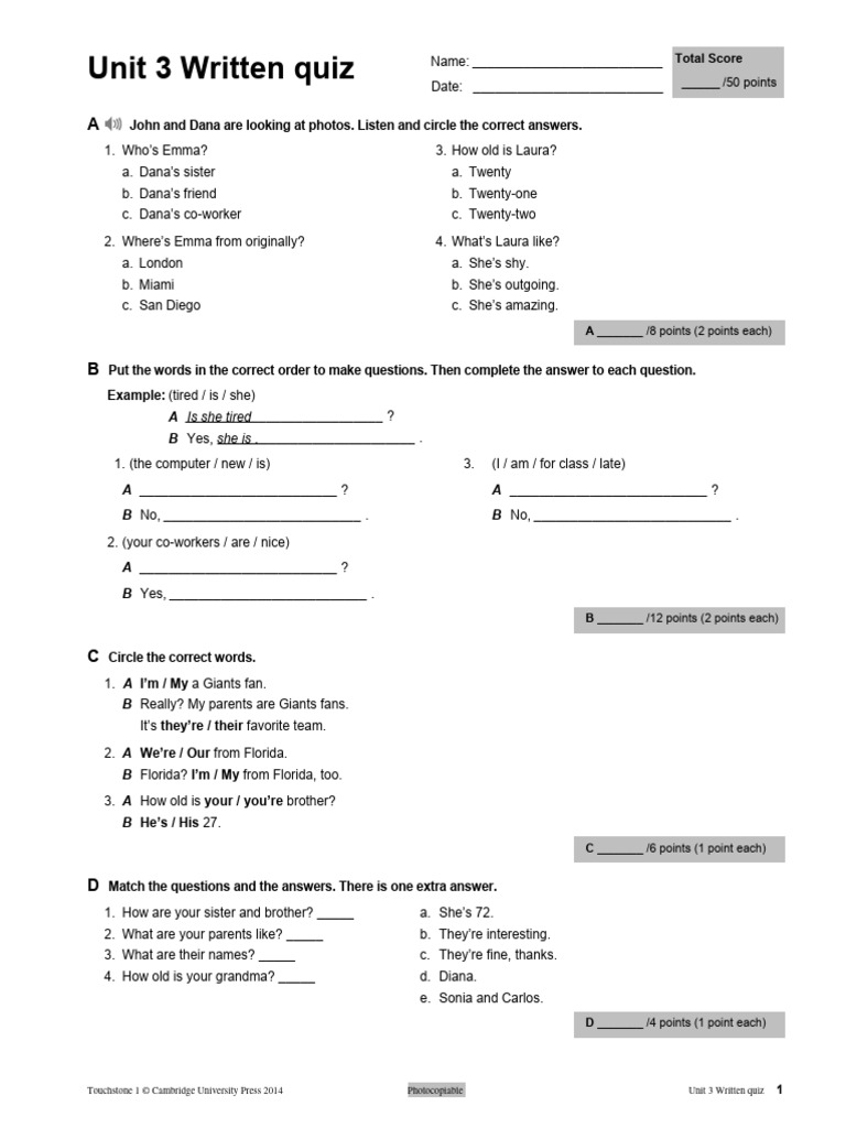 Touchstone 1 - Unit 03 - Quiz | PDF