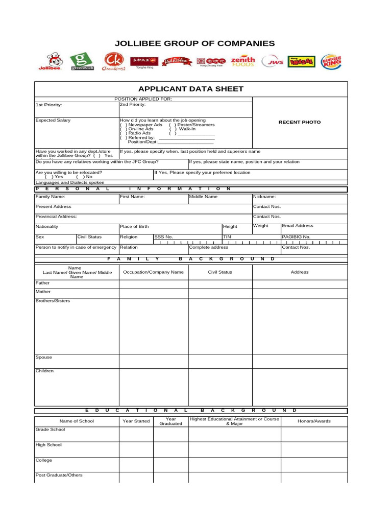 Applicant Data Sheet (Sheet 1 and 2) | PDF | Business