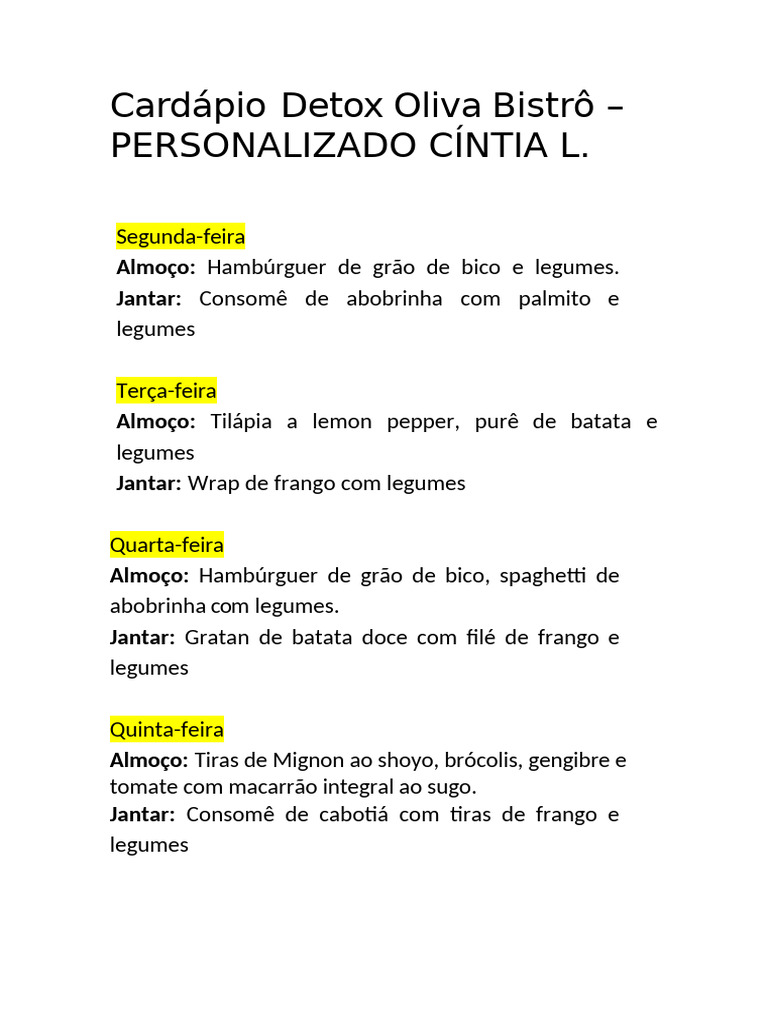 Cardápio Cíntia Oliva Bistrô | PDF