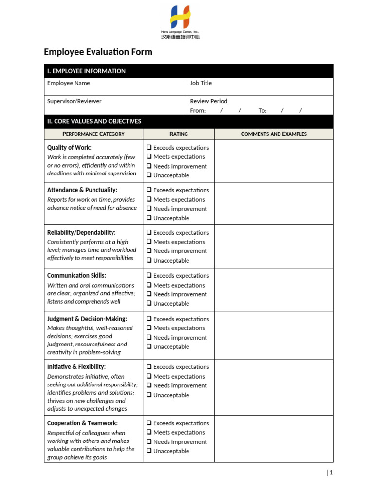 Employee Evaluation Form | PDF | Performance Appraisal | Organizational ...