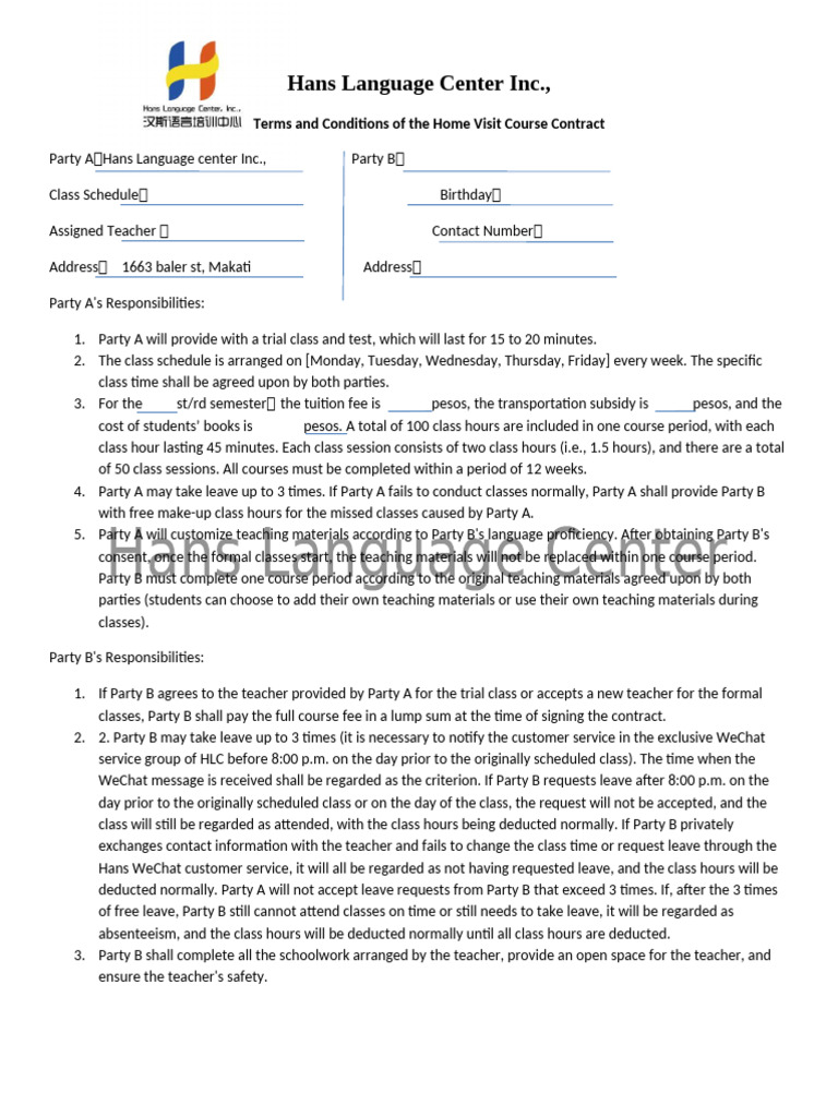 HLC 学员合同 Home Tutorial Terms & Agreement | PDF
