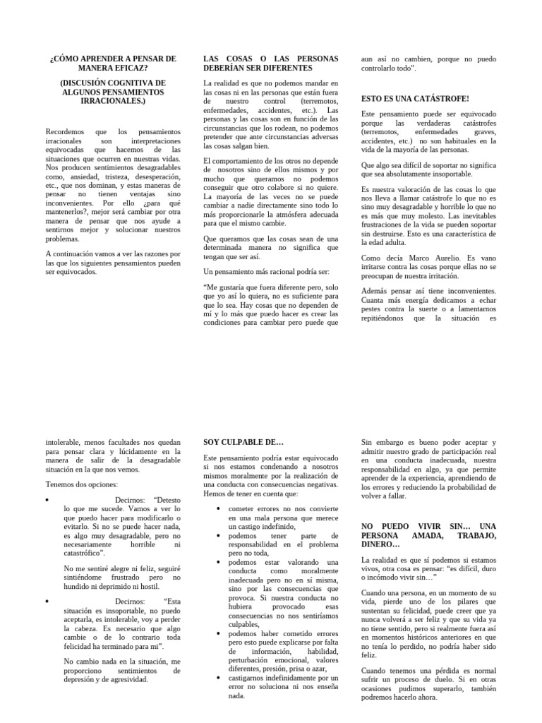TrÃ - Ptico DISCUSIÃ - N DE ALGUNOS PENSAMIENTOS IRRACIONALES | PDF | Felicidad | Pensamiento