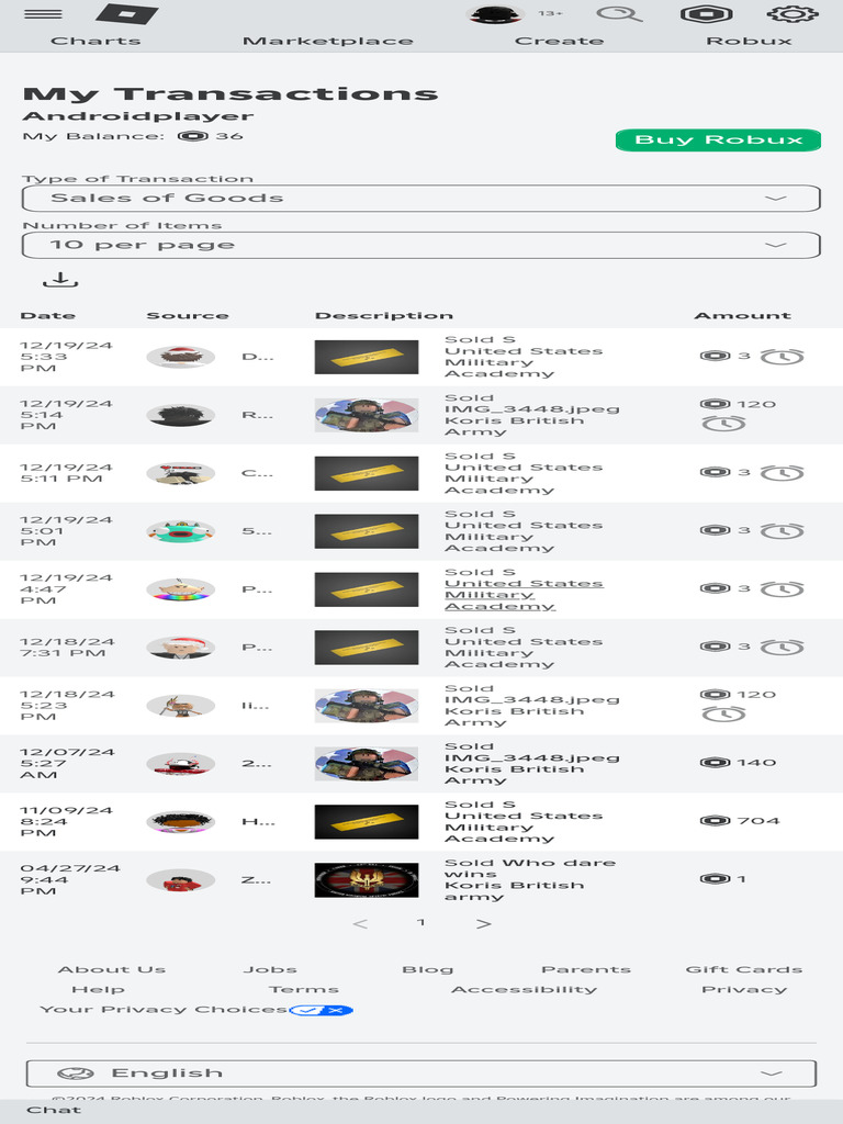 My Transactions - Roblox 2 | PDF