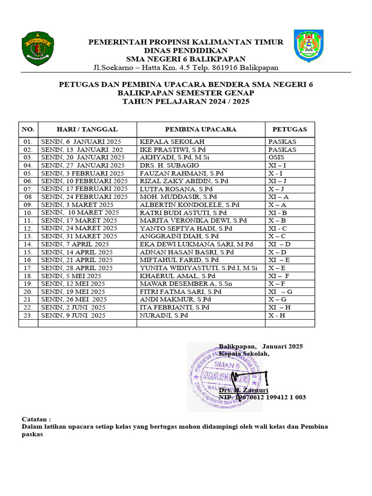 Jadwal Pembina Upacara (2024 - 2025) (Genap) | PDF