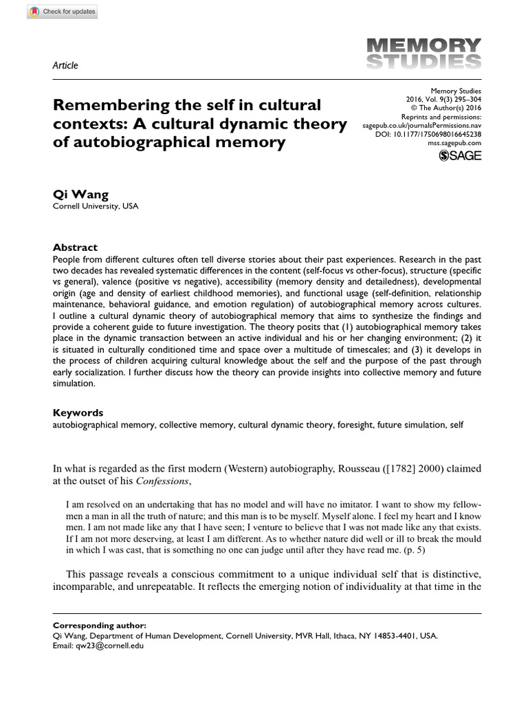 Cultural Dynamics of Autobiographical Memory | PDF | Memory | Recall ...