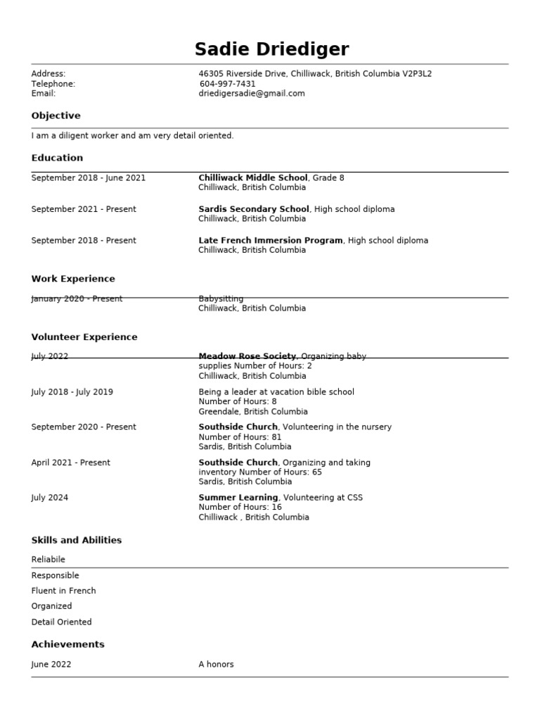 Sadie Driediger’s Resume | PDF | Educational Stages