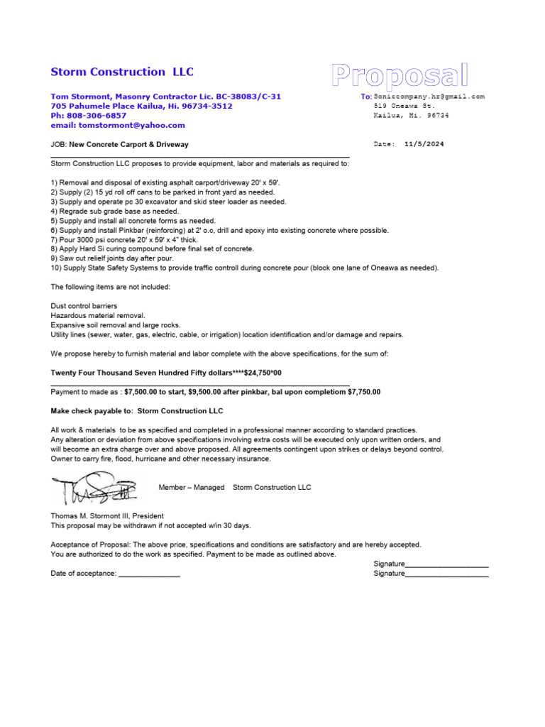 Sonic Company Carport Driveway Proposal 11-5-24 | PDF | Concrete ...