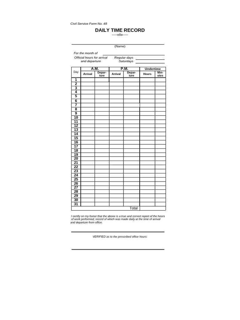 Daily Time Record DTR Blank Form | PDF