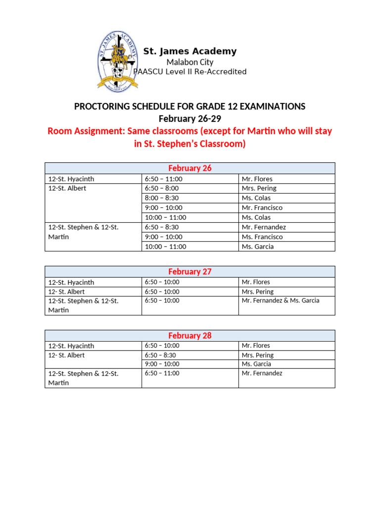 Proctoring Schedule For Grade 12 Examinations | PDF