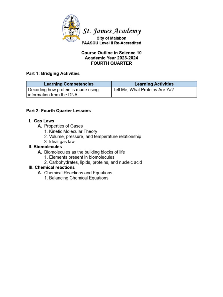 4TH - Sci 10-Jhs-Course-Outline | PDF