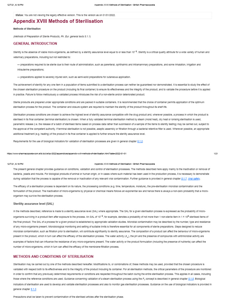 Appendix XVIII Methods of Sterilisation - British Pharmacopoeia | PDF | Sterilization ...