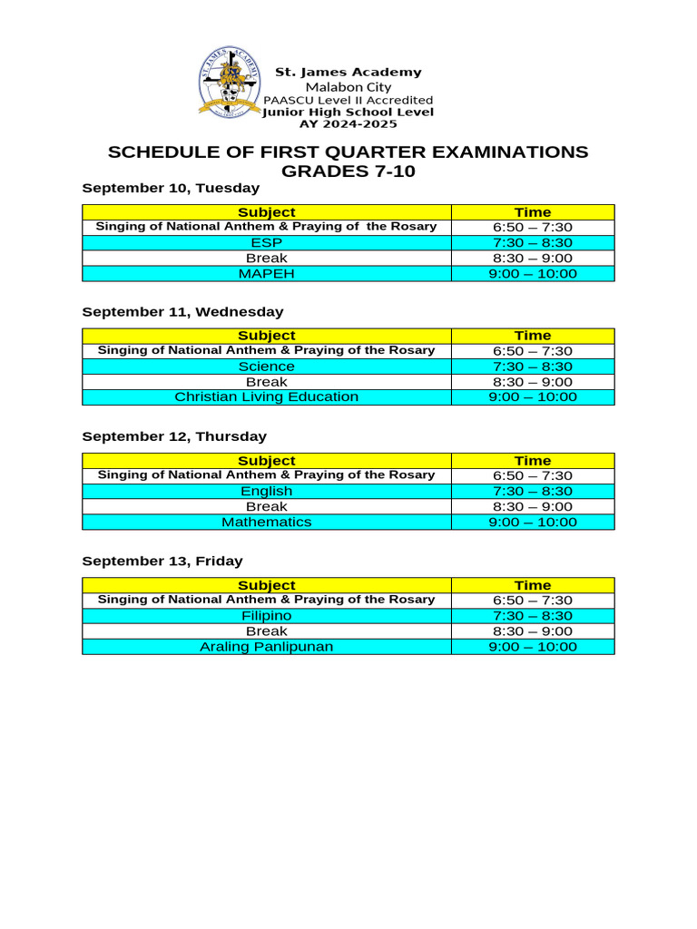 JHS Schedule of First Quarter Examinations | PDF