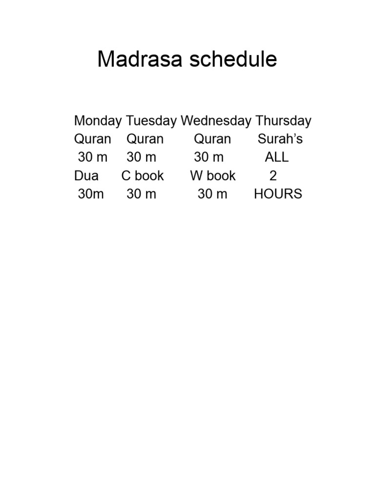 Madrasa Weekly Study Schedule | PDF