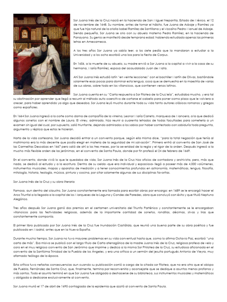 Vida y obra de Sor Juana Inés de la Cruz | PDF