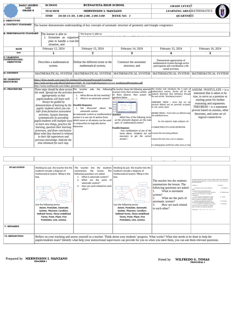 Math-8-DLL-23-24 3rd Q WK2 | PDF | Axiom | Theorem