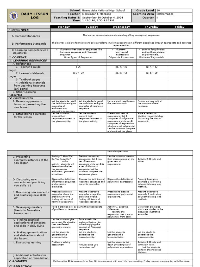 Sample Grade 10 DLL Q1W7 | PDF | Learning | Polynomial