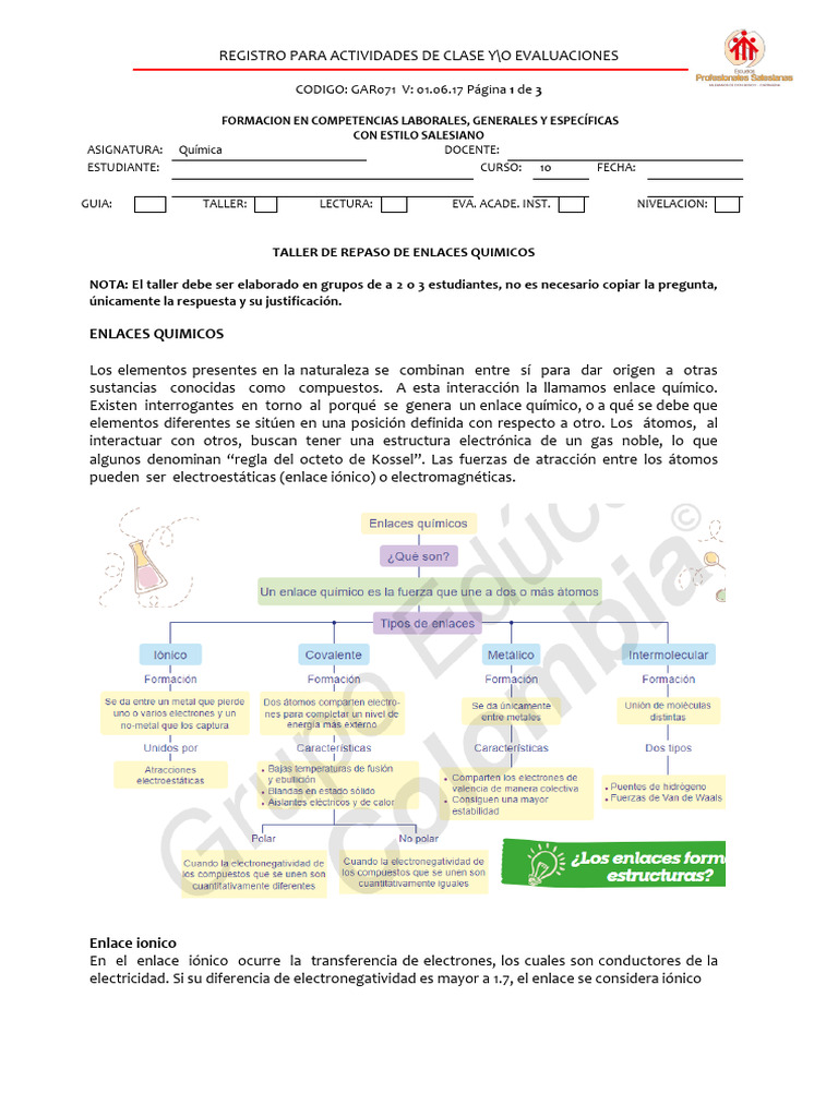 Taller de Enlaces Quimicos | PDF | Enlace químico | Enlace covalente