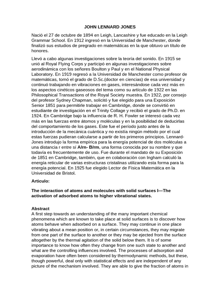 Biografía y Artículo John Lennard Jones | PDF | Moléculas | Física