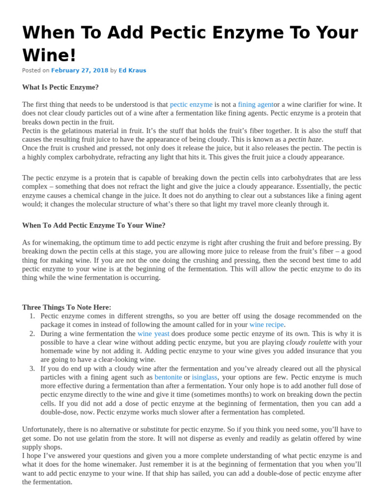 Home Winemakers: Pectic Enzyme Guide | PDF | Alcoholic Drinks | Wine