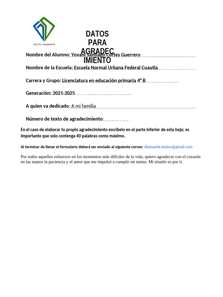 INFORMACION DE AGRADECIMIENTO PAQUETE UNIVERSITY | PDF