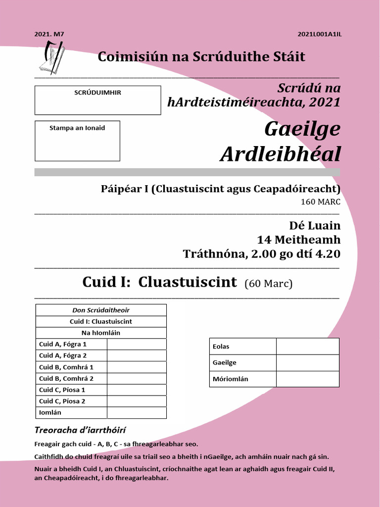Leaving Certificate Irish 2021 Paper One Higher Level (IV) Exam Paper | PDF