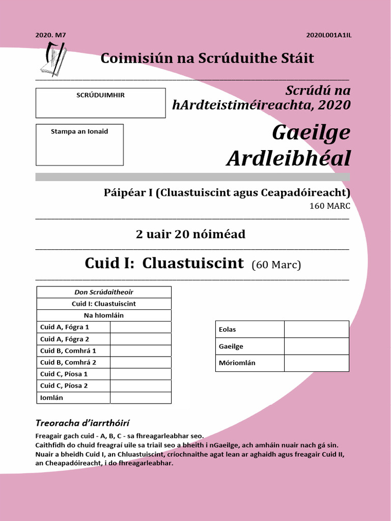 Leaving Certificate Irish 2020 Paper One Higher Level (IV) Exam Paper | PDF