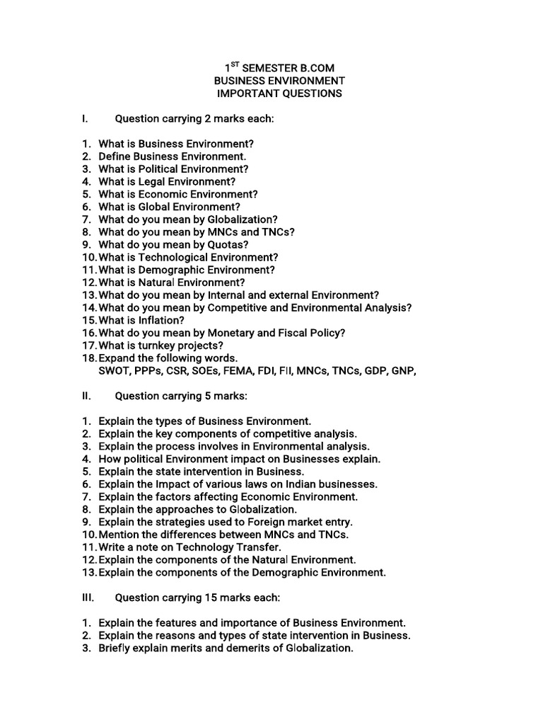 Important Business Environment Questions | PDF