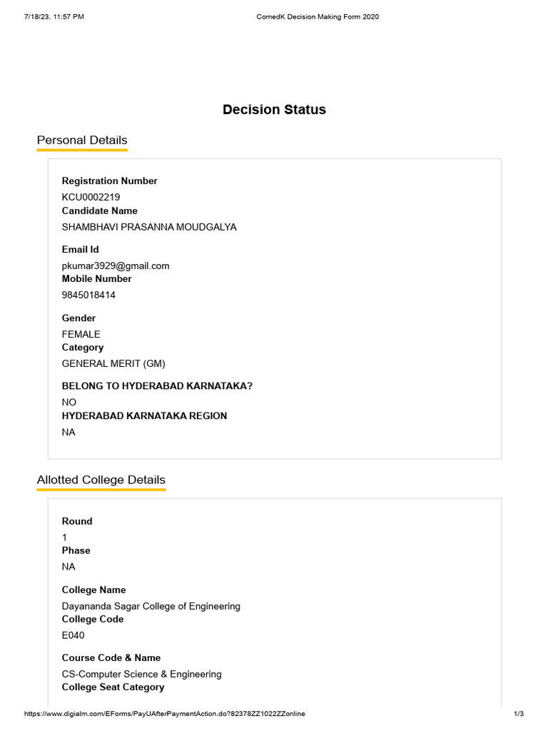ComedK Decision Making Form 2020 | PDF | Payments