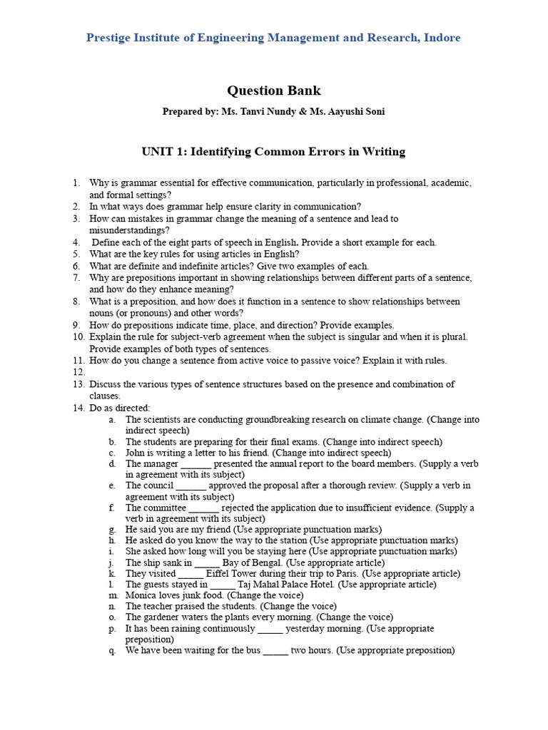 Question Bank eng 2025 pdf | PDF | Communication | Mount Everest