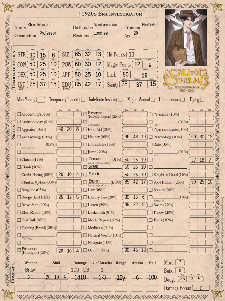 CoC - Klein Moretti - Ficha Editável | PDF